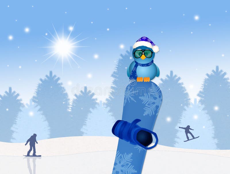 Bird on Snowboard in Winter Stock Illustration - Illustration of season ...