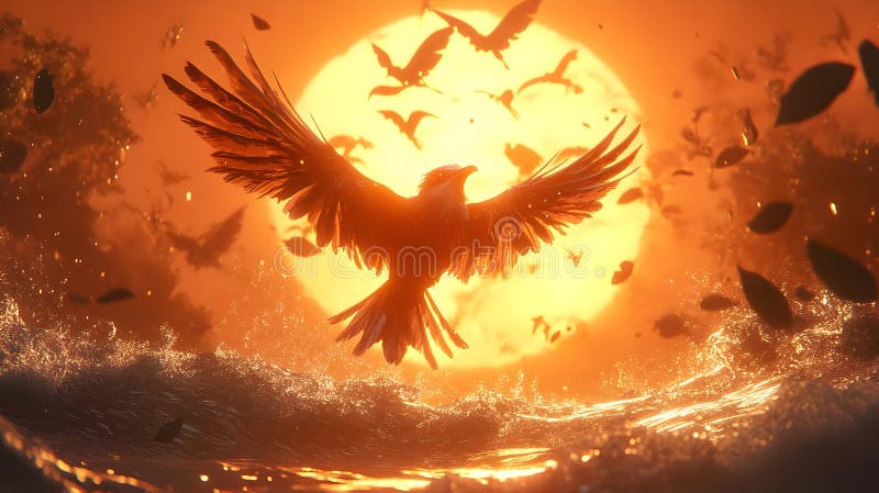 Bird Soaring Above Sunset Over Water Stock Illustration - Illustration ...