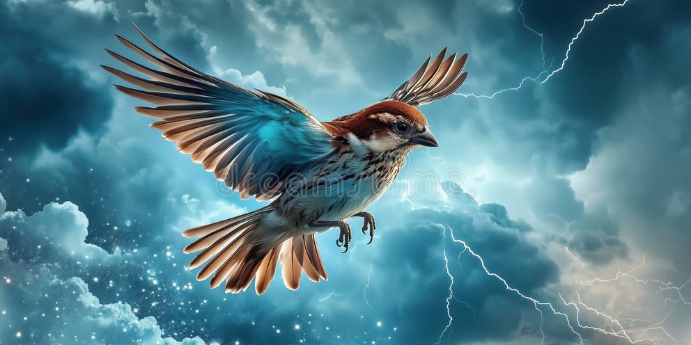 Bird Soaring through Stormy Skies with Dramatic Clouds and Lightning ...