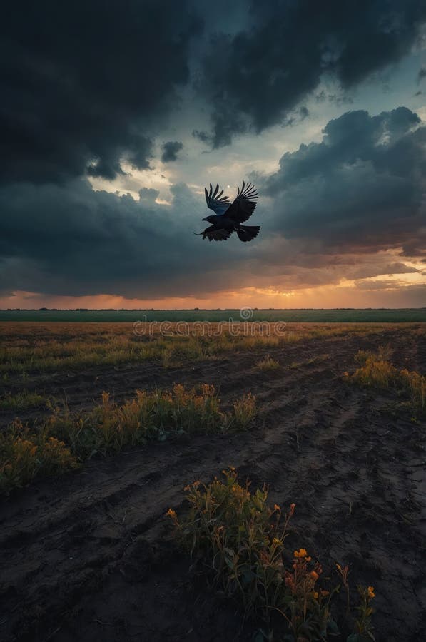 Majestic Raven Silhouette Soaring Above Dramatic Sunset Landscape Stock ...