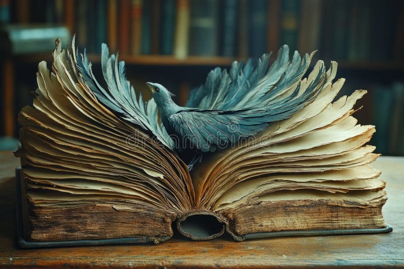 Bird with Spread Wings Coming Out of an Open Book in a Library ...