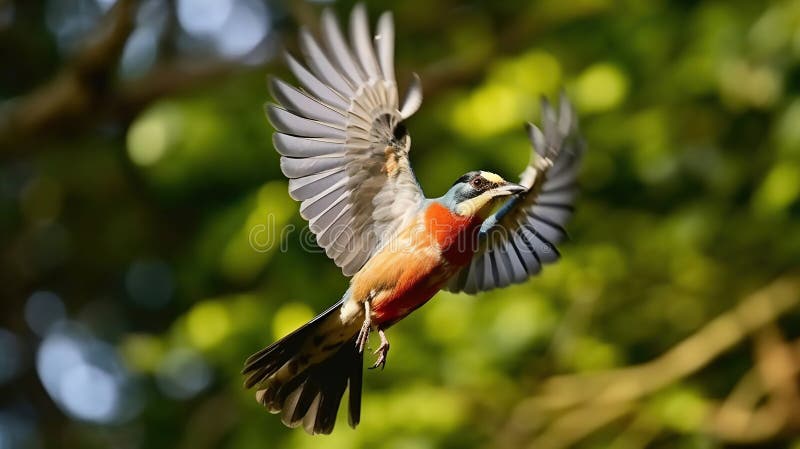 Bird with Spread Wings Flying Over Tree in Woods, Generative AI Stock ...