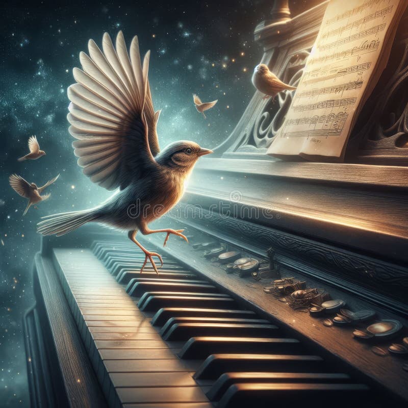 A Bird with Spread Wings Stands on Piano Keys, with Music Notes and ...