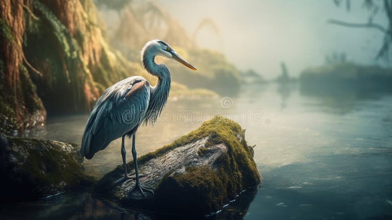 A Bird Standing on a Rock in a Swampy Area Stock Illustration ...