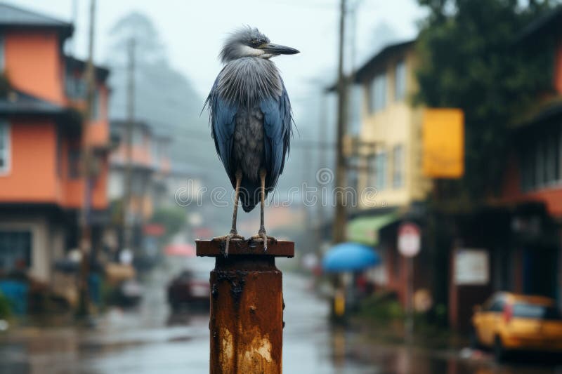A Bird is Standing on Top of a Post in the Rain Stock Illustration ...