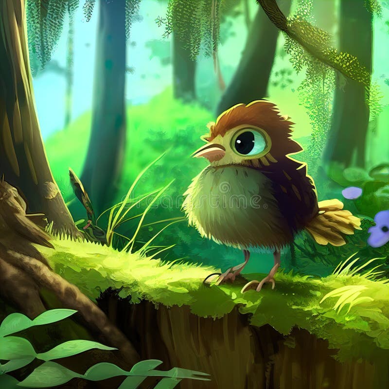 A Bird Standing on a Tree Stump in a Forest with a Bird Flying Above it ...