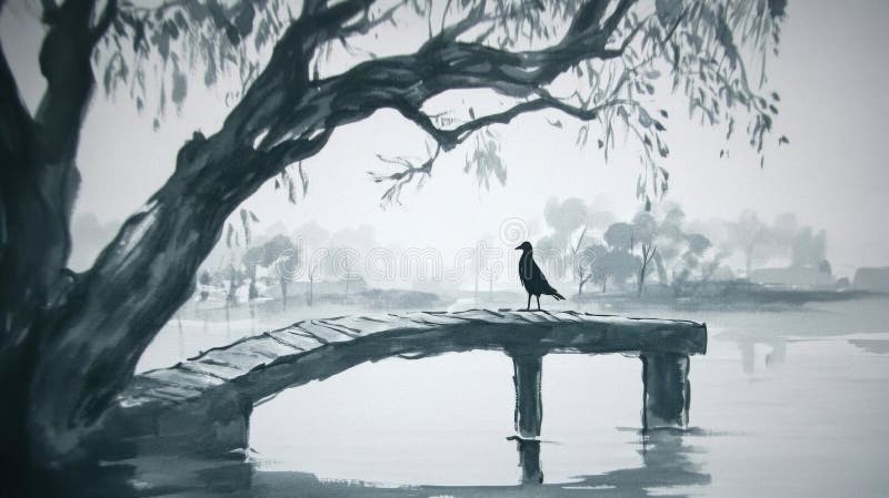 Bird Stands on Dock and Reflection, Peacefulness Theme. Stillness and ...