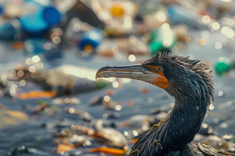 A Bird Stands in Polluted Water Surrounded by Floating Garbage in a ...