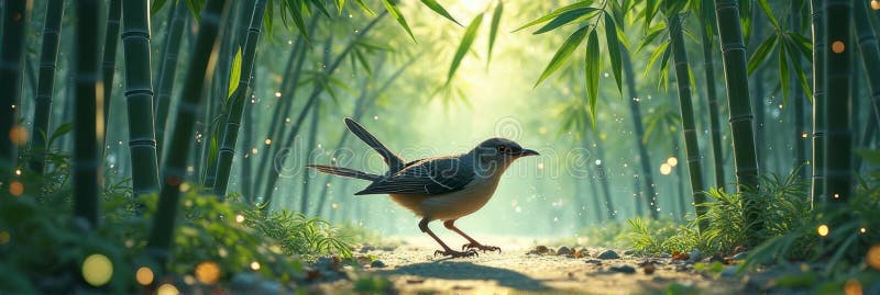 Bird Strolling through Sunlit Bamboo Forest Path Amidst Glowing ...