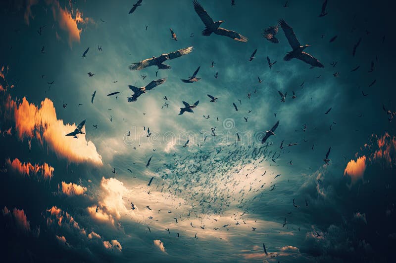 Bird Swarm on Cloudy Sky. Gorgeous Birds Flying Stock Illustration ...