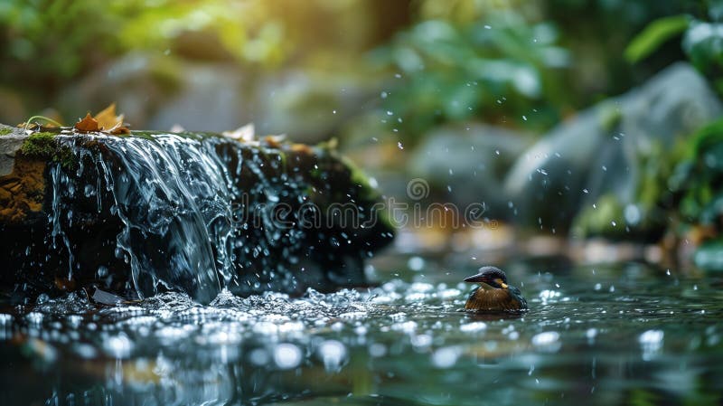 Bird Swims in Stream by Cascading Waterfall Stock Illustration ...