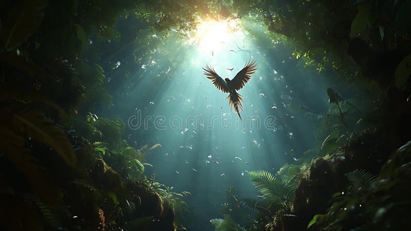 Bird Taking Flight in Sunlit Jungle Canopy Stock Illustration ...