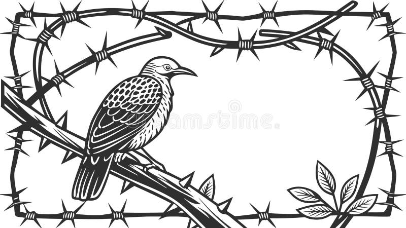 Bird on Thorny Branch Frame, NatureInspired Decorative Border, Vector ...