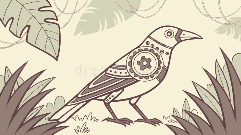 Bird with Tribal Patterns in a Lush Landscape, Indigenous Art, Vector ...