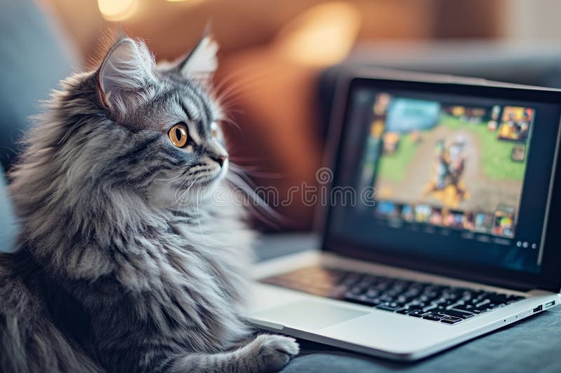 A Bird Video for Cats is Being Watched by a Grey Fluffy Cat on a Laptop ...