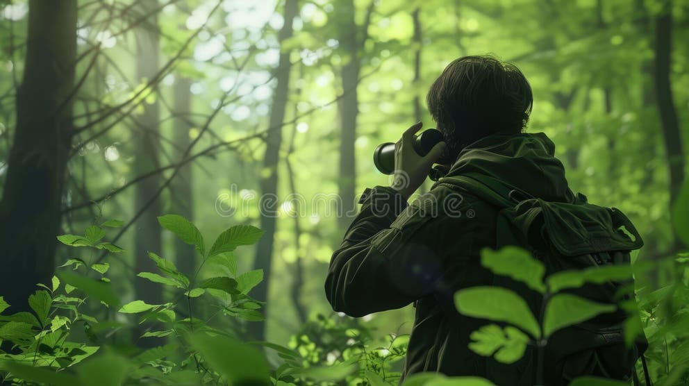 The Bird Watcher Using Binocular and Searching for the Bird in a Forest ...