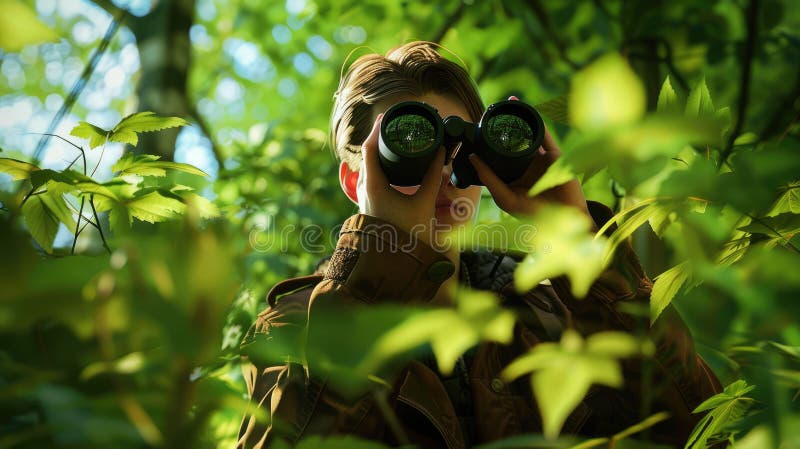 The Bird Watcher Using Binocular and Searching for the Bird in a Forest ...