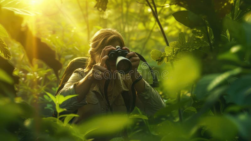 The Bird Watcher Using Binocular and Searching for the Bird in a Forest ...