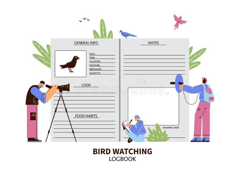 Bird Watching Logbook with Tiny Characters - Flat Vector Illustration ...