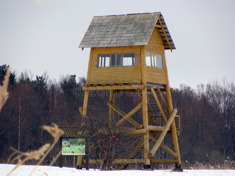 Bird Watching Tower in a Snowy Seaside Meadow Stock Photo - Image of ...