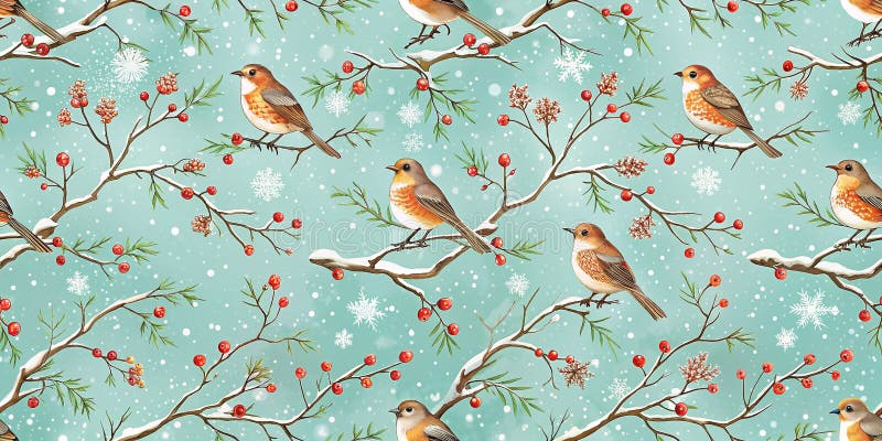 Bird on Winter Tree Branch Seamless Pattern Generative AI Stock Image ...