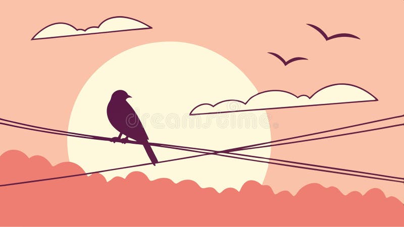 Bird on Wire Sunset, Peaceful Evening and Nature Scene Vector Design ...