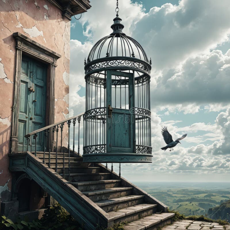 Birdcage on Steps with Flying Bird Stock Image - Image of flight ...