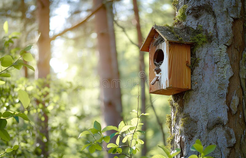Birdhouse, Nesting Box on the Tree Trunk in the Summer Forest, Sunny ...