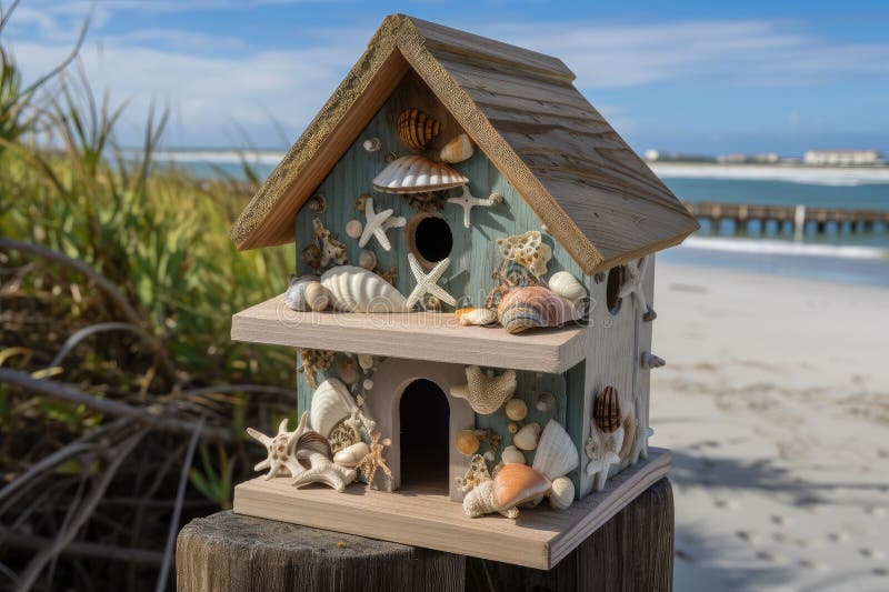 Birdhouse with View of the Beach, Surrounded by Seashells and Starfish ...