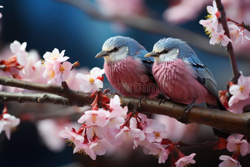 Birds Amidst Blossoming Branches, Spring Photography Stock Illustration ...
