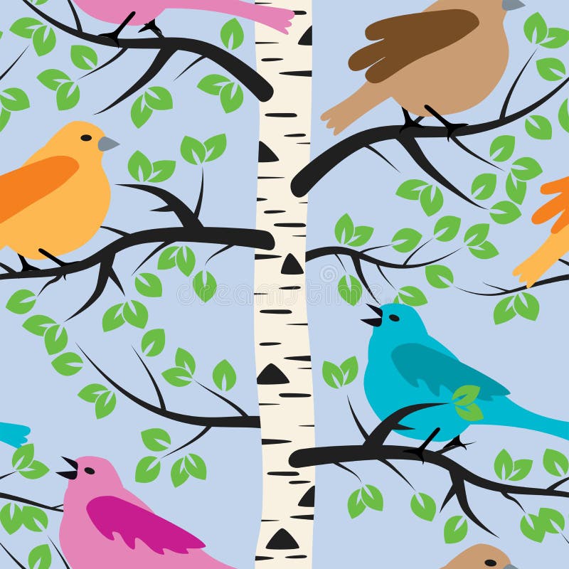 Birds and Birch Tree, Vector Stock Vector - Illustration of colorful ...