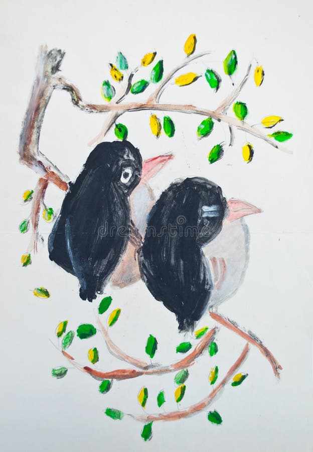 Birds on branch painting stock photo. Image of beautiful - 151734240