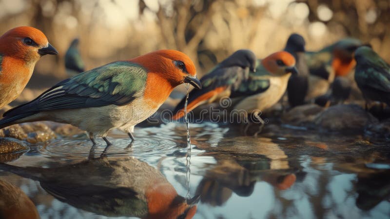 Birds Drinking from a Water Source in the Wild with Vibrant Feathers ...