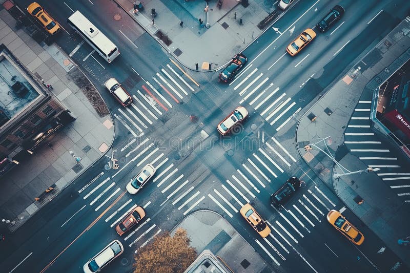 A Birds Eye View of a Bustling City Intersection with Cars and Buses ...