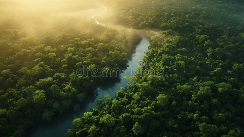A Birds Eye View of a Dense Backlit Forest with a River Snaking through ...