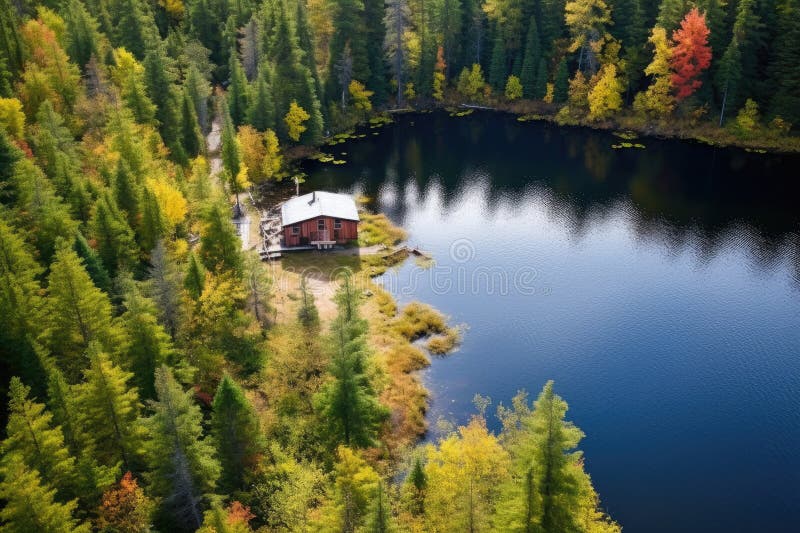 Birds-eye View of a Lakeside Cabin in a Forest Clearing Stock Image ...