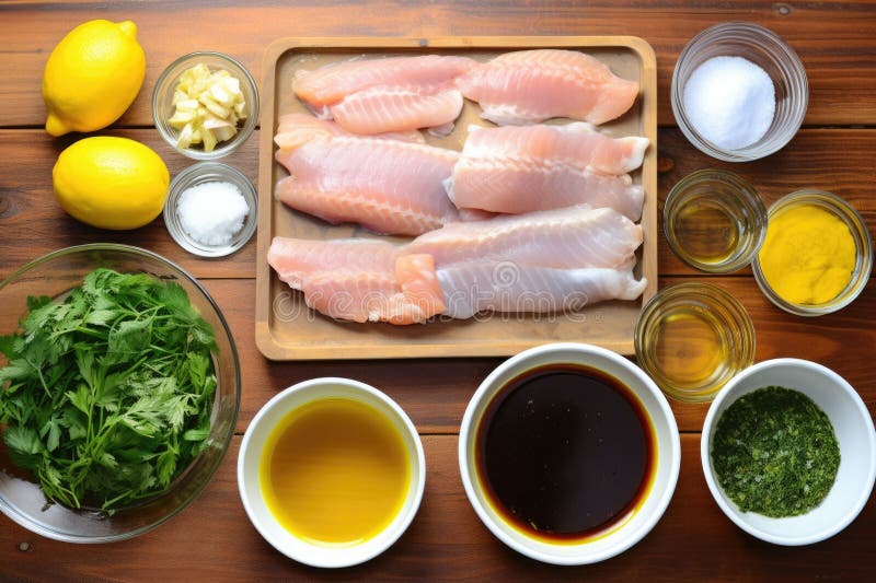 Birds Eye View of Marinade Ingredients and Fish on a Table Stock Photo ...