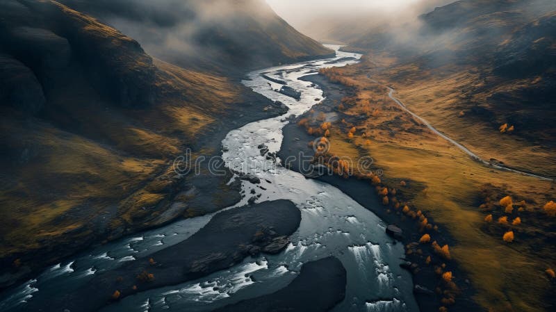 Birds Eye View of a Serpentine River and High Mountains Stock ...