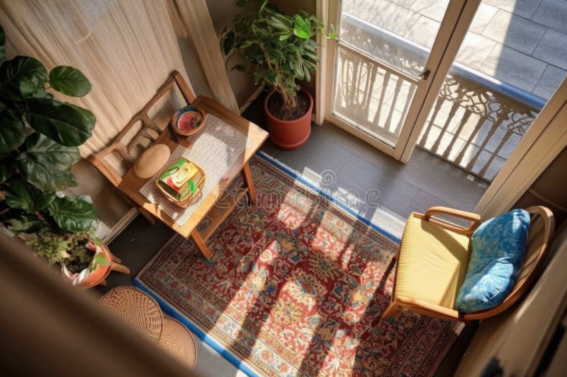 Birds-eye View of a Stylishly Decorated Balcony with a Table, Chair ...