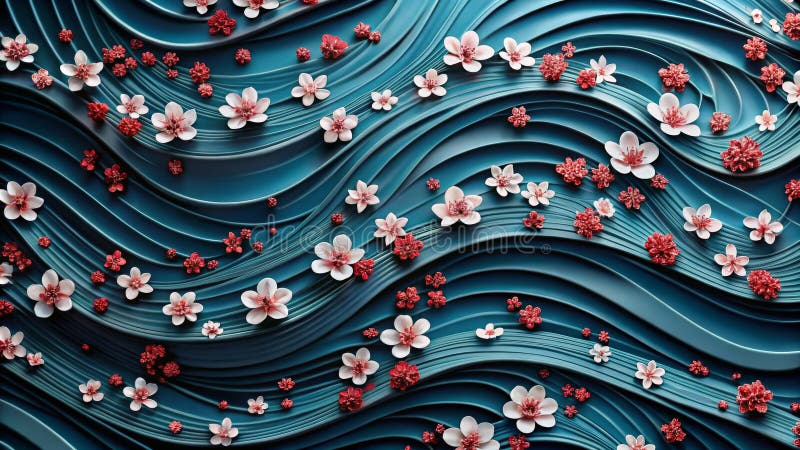 Birds-Eye View Teal Wave Composition with Pink and Red Cherry Blossoms ...