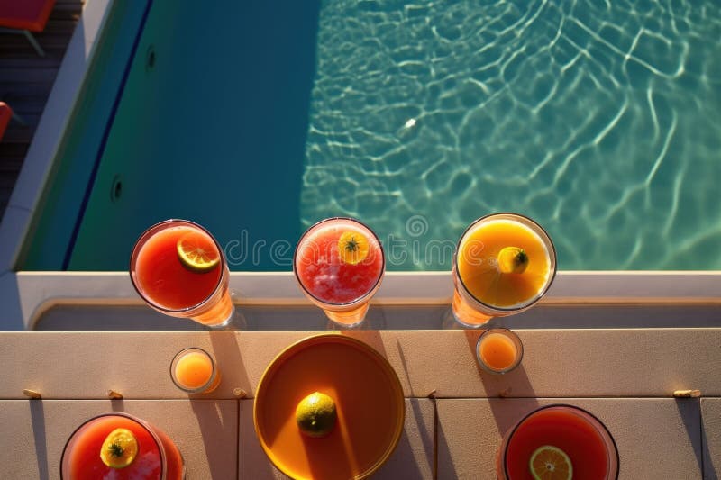 Birds-eye View of Tequila Sunrise Drinks on Pool Deck Stock ...