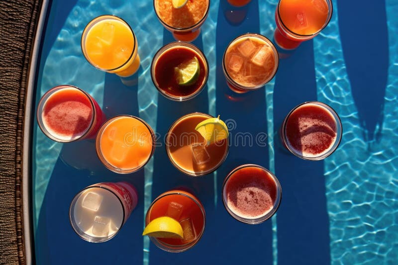 Birds-eye View of Tequila Sunrise Drinks on Pool Deck Stock ...