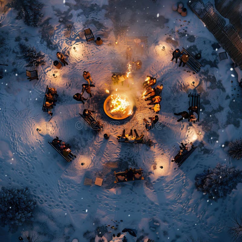 Birds Eye View of a Winter Solstice Fire Pit Gathering Stock ...