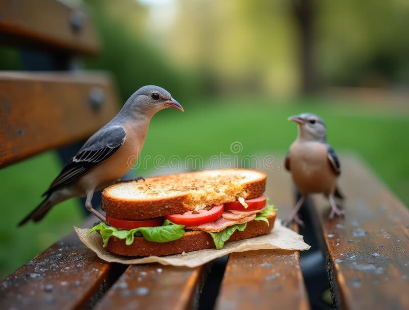 Birds Eyeing a Half-eaten Sandwich Left on a Park Bench Stock ...