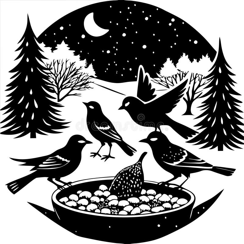 Birds Feeding in Cold Winter Morning Vector Illustration Stock ...