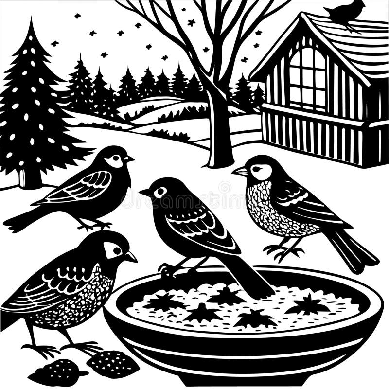 Birds Feeding in Cold Winter Morning Vector Illustration Stock ...