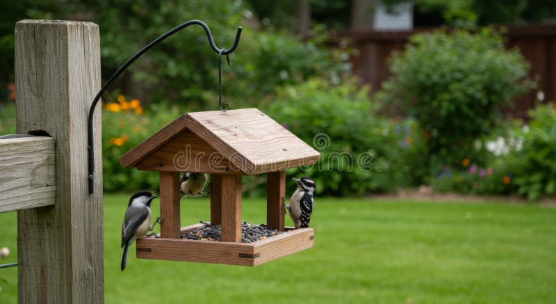 Birds Feeding at Wooden Bird Feeder in Backyard Garden Stock Image ...