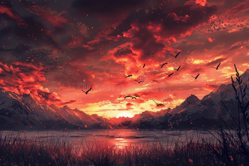 Birds in Flight Over a Lake As the Sun Sets, Creating a Dramatic Red ...