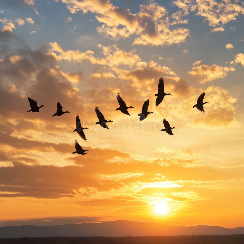 Birds in Flight at Sunset, a Majestic Journey Stock Illustration ...