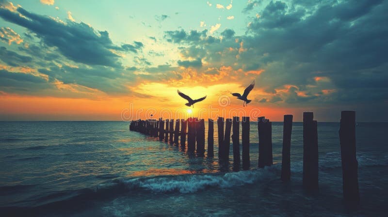 Birds in Flight at Sunset Over Ocean with Wooden Posts Stock ...